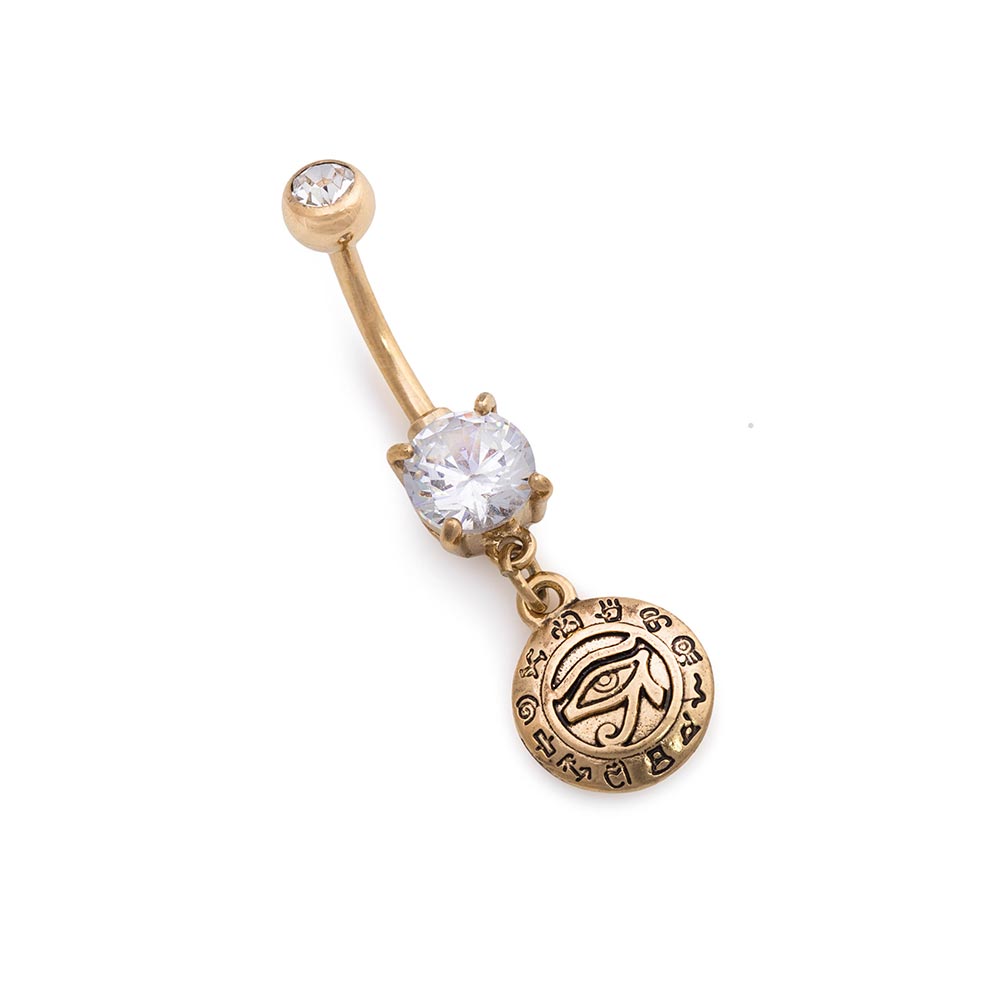 14g 3/8” PVD Gold Crystal Jewel Eye of Horus Dangle Belly Button Ring ...