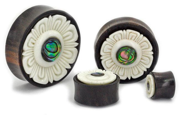 Areng Wood Double Flared Aztec Flower Plug with Abalone Inlay — Price ...