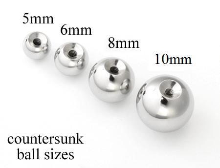 10g Stainless Steel Counter Sunk, Counterbored Balls in Various Sizes